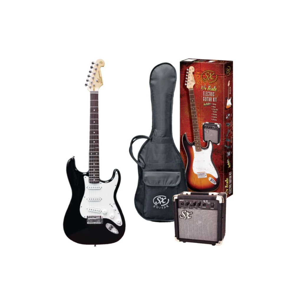 SX SE1-SK-BK 3/4 Electric Guitar Kit (Black) with G10 Amp, Cable, Tuner, Strap, Picks and Bag ...